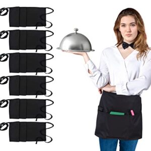 RUVANTI 6 Pack Server Aprons with 3 Pockets - Waitress Waiter Waist Apron, Half Apron with Long Waist Strap, Waitress Apron for Women and Man - Black Short Aprons