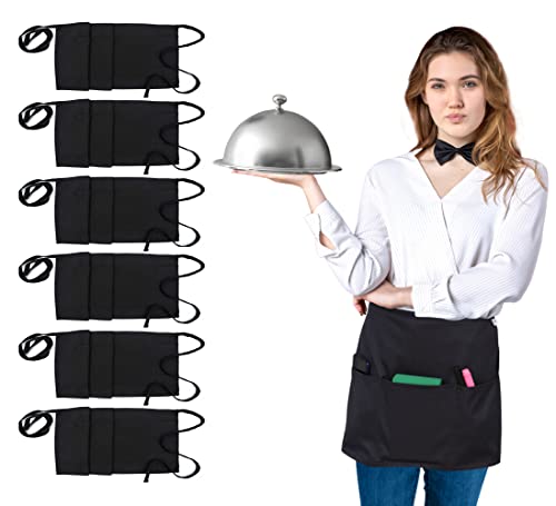 RUVANTI 6 Pack Server Aprons with 3 Pockets - Waitress Waiter Waist Apron, Half Apron with Long Waist Strap, Waitress Apron for Women and Man - Black Short Aprons