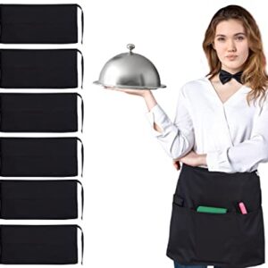 RUVANTI 6 Pack Server Aprons with 3 Pockets - Waitress Waiter Waist Apron, Half Apron with Long Waist Strap, Waitress Apron for Women and Man - Black Short Aprons