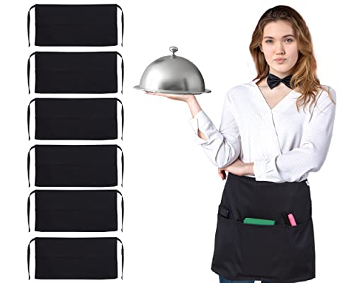 RUVANTI 6 Pack Server Aprons with 3 Pockets - Waitress Waiter Waist Apron, Half Apron with Long Waist Strap, Waitress Apron for Women and Man - Black Short Aprons