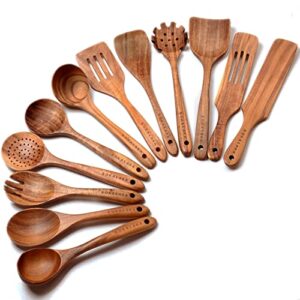 wooden spoons for cooking,12 pack wooden utensils for cooking wooden kitchen utensils set wooden cooking utensils natural teak wooden spatulas for cooking