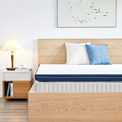 Kingfun 3 Inch Gel Memory Foam Mattress Topper Queen, 2-Layer Ventilated Cooling Mattress Topper for Back Pain, Bamboo Charcoal Reversible Mattress Pad with Washable & Breathable Cover, Queen