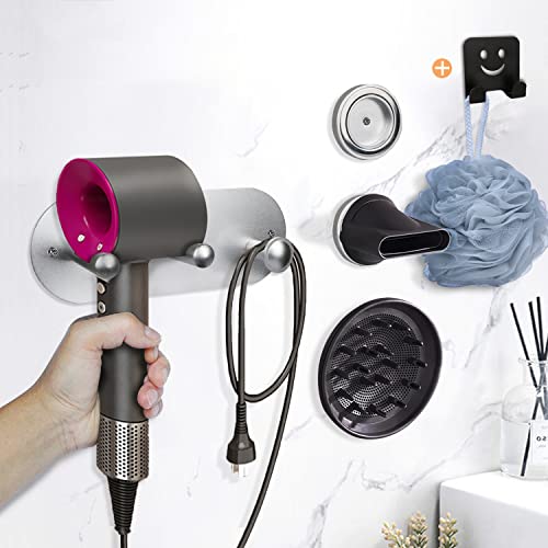 Yimerlen Hair Dryer Holder Compatible with Dyson Attachments Wall Mount Stand for Supersonic Blow Dryer Attachments (Silver, with Multifunction Hook)