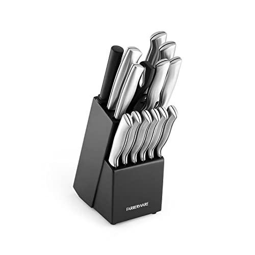 Farberware 15-Piece High-Carbon Stamped Stainless Steel Kitchen Knife Block Set with Steak Knives, Razor-Sharp Knife Set with Wood Block, Black