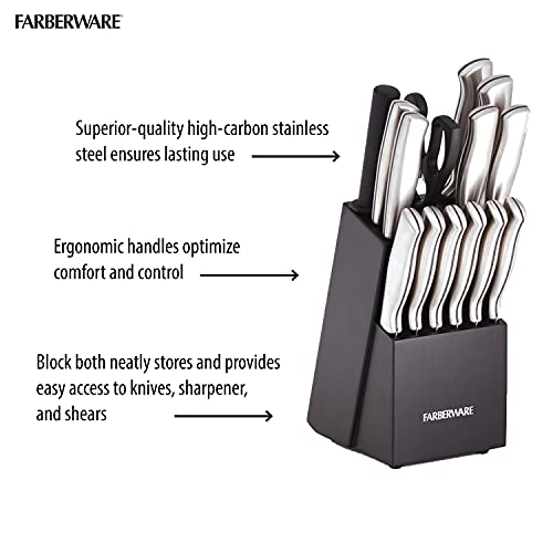 Farberware 15-Piece High-Carbon Stamped Stainless Steel Kitchen Knife Block Set with Steak Knives, Razor-Sharp Knife Set with Wood Block, Black