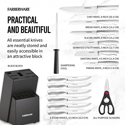 Farberware 15-Piece High-Carbon Stamped Stainless Steel Kitchen Knife Block Set with Steak Knives, Razor-Sharp Knife Set with Wood Block, Black