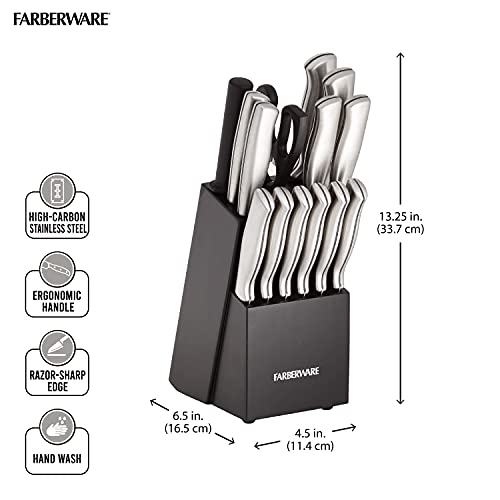 Farberware 15-Piece High-Carbon Stamped Stainless Steel Kitchen Knife Block Set with Steak Knives, Razor-Sharp Knife Set with Wood Block, Black