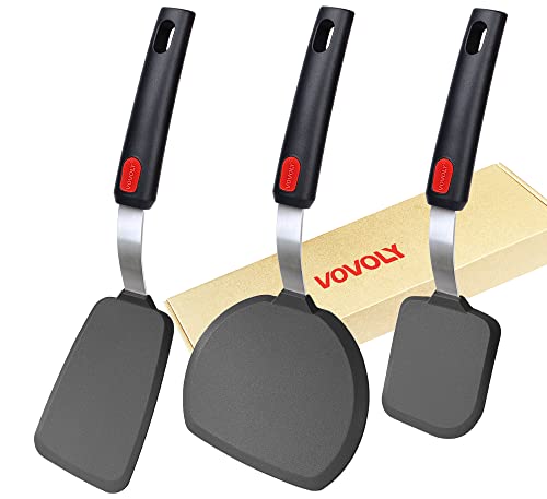 Silicone Spatula Turner, VOVOLY 3-Pack Spatula Set for Nonstick Cookware, BPA Free Rubber Spatulas, Heat Resistant Kitchen Utensil, No Scratch or Melting, Ideal for Egg, Cookie, Crepe, Burger, Pancake