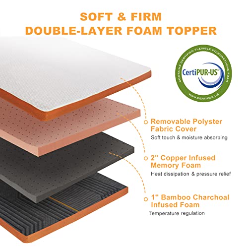 Maxzzz Mattress Topper Full, 3 Inch Memory Foam Bamboo Charcoal & Copper Dual Side Mattress Topper, Foam Topper with Breathable Removable Cover, Ventilated & CertiPUR-US Certified Bed Topper