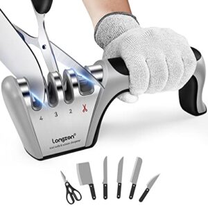 4-in-1 longzon [4 stage] knife sharpener with a pair of cut-resistant glove, original premium polish blades, best kitchen knife sharpener really works for ceramic and steel knives, scissors.