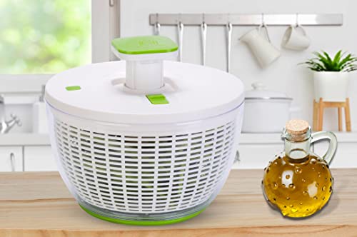 Brieftons QuickPush Salad Spinner: Large 6.3-Quart Vegetable Washer Dryer Strainer Drainer, Easy One-Handed Handle & Brake, Fast Spin Cycles, Compact Storage, to Wash, Clean & Dry Vegetables, Fruits