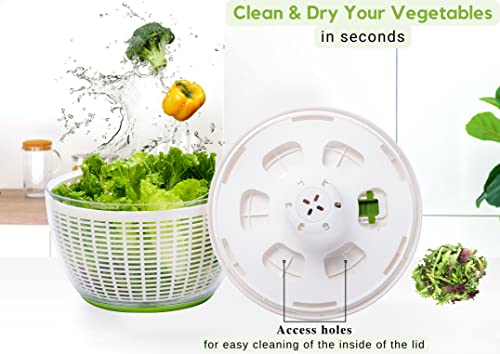 Brieftons QuickPush Salad Spinner: Large 6.3-Quart Vegetable Washer Dryer Strainer Drainer, Easy One-Handed Handle & Brake, Fast Spin Cycles, Compact Storage, to Wash, Clean & Dry Vegetables, Fruits