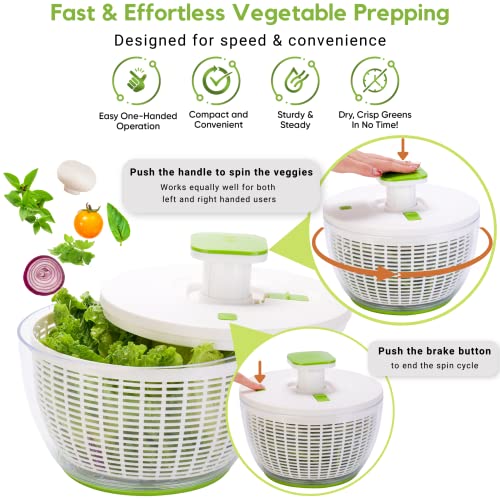 Brieftons QuickPush Salad Spinner: Large 6.3-Quart Vegetable Washer Dryer Strainer Drainer, Easy One-Handed Handle & Brake, Fast Spin Cycles, Compact Storage, to Wash, Clean & Dry Vegetables, Fruits