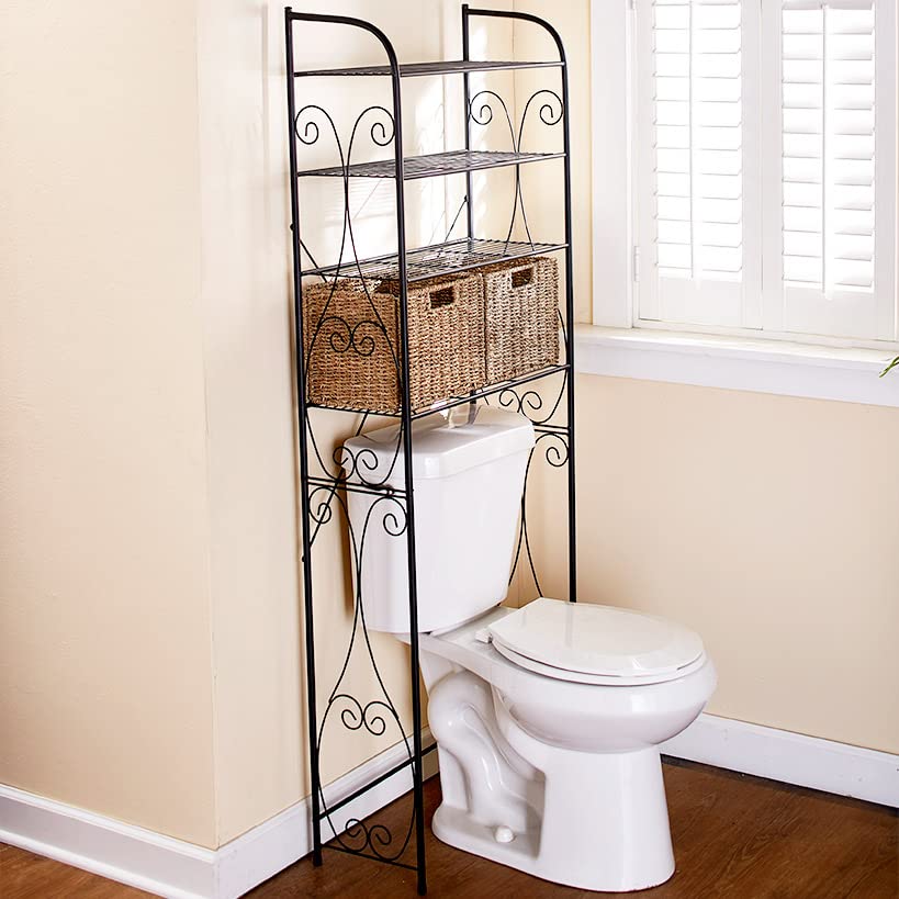 Over The Toilet Space Saving Rack with Shelves and Wicker Baskets