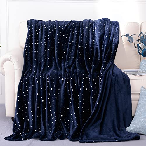 Stellhome Navy Blue Throw Blanket, Ultra Soft Thick Flannel Star Foil Print Fleece Bed Blanket for Sofa Couch, Twin Size 80"x65"