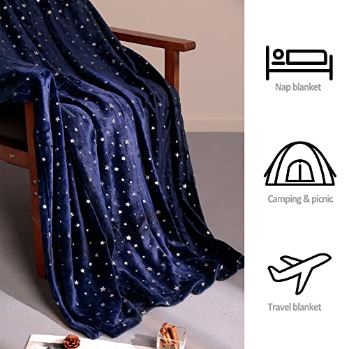 Stellhome Navy Blue Throw Blanket, Ultra Soft Thick Flannel Star Foil Print Fleece Bed Blanket for Sofa Couch, Twin Size 80"x65"