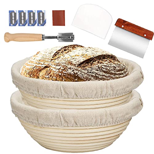 Farielyn-X 2 Packs 9 Inch Bread Banneton Proofing Basket - Baking Dough Bowl Gifts for Bakers Proving Baskets for Sourdough Lame Bread Slashing Scraper Tool Starter Jar Proofing Box