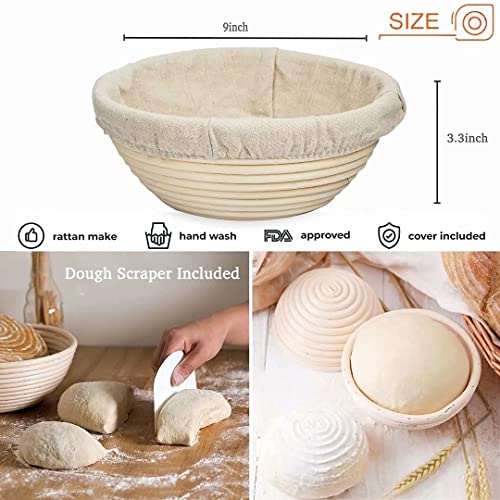 Farielyn-X 2 Packs 9 Inch Bread Banneton Proofing Basket - Baking Dough Bowl Gifts for Bakers Proving Baskets for Sourdough Lame Bread Slashing Scraper Tool Starter Jar Proofing Box