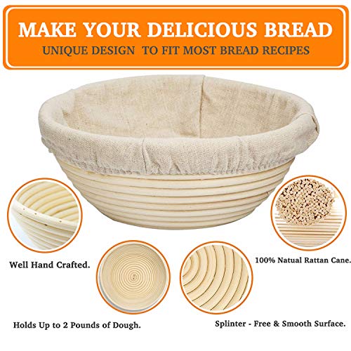 Farielyn-X 2 Packs 9 Inch Bread Banneton Proofing Basket - Baking Dough Bowl Gifts for Bakers Proving Baskets for Sourdough Lame Bread Slashing Scraper Tool Starter Jar Proofing Box