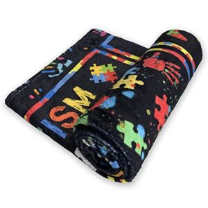 Autism Blanket Puzzle Cure Awareness Flannel Throw Gift for Childs Teens Adults Super Soft Snuggle Breathable Bed Sofa Couch Meaningful Colorful Foldable Unisex 150x200 Black 60x80