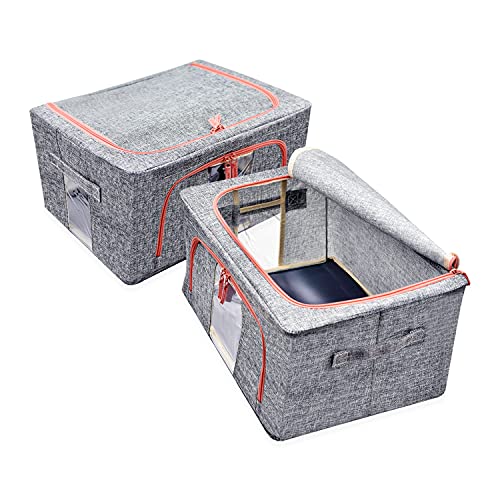 PoPThinG Metal Support Clothes Storage Bag. Organizer box with Support, Hard Bottom, Sturdy Handle, Durable Zipper. Suitable for Clothes, Underwear, Towel. 2 Pack/ 6.34gal /Grey