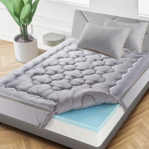 BedStory Mattress Topper Queen Size, Dual-Layer Pillow Top & Gel Memory Foam Bed Toppers 3.6 Inch, 2-in-1 Combination of Comfort and Support, Gray