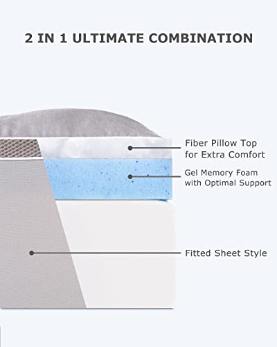 BedStory Mattress Topper Queen Size, Dual-Layer Pillow Top & Gel Memory Foam Bed Toppers 3.6 Inch, 2-in-1 Combination of Comfort and Support, Gray