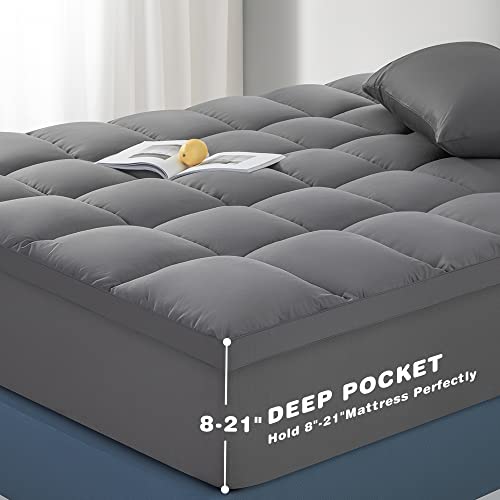 Shilucheng Mattress Topper King Size,Extra Thick Mattress Pad Cover,Pillow Top Mattress Topper for Back Pain,Soft Bed Topper Overfilled with Down Alternative,8-21" Deep Pocket,Grey