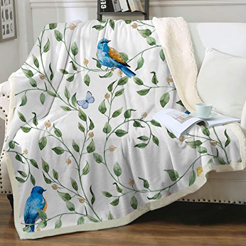 Sleepwish Watercolor Green Leaves Sherpa Fleece Blanket Butterflies Blue Birds and Tree Branch Soft Blanket Spring Pattern Super Warm Lightweight Bed Couch Blankets Throw(50"x60")