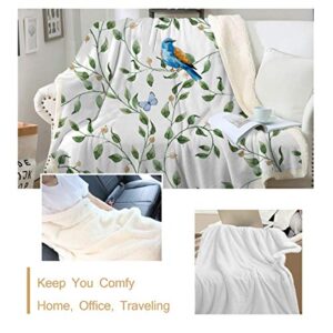 Sleepwish Watercolor Green Leaves Sherpa Fleece Blanket Butterflies Blue Birds and Tree Branch Soft Blanket Spring Pattern Super Warm Lightweight Bed Couch Blankets Throw(50"x60")