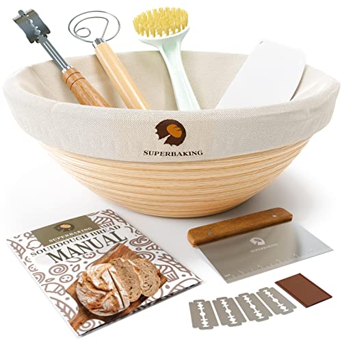 Superbaking Banneton Bread Proofing Basket Set, Round 9" Banneton Basket Sourdough Bread Baking Supplies, Sourdough Proofing Basket for Bread Making Tools Supplies, Artisan Bread Kit, Gifts for Bakers