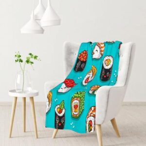 Qutown Sushi Pattern Cute Cartoon Japanese Food Blanket Throw Soft Lightweight Warm Cozy Flannel Fleece Women Adults and Kids Gifts for Couch Bed Sofa 50*40inch Small for Kid Leg pet