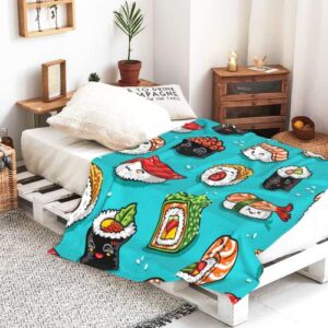 Qutown Sushi Pattern Cute Cartoon Japanese Food Blanket Throw Soft Lightweight Warm Cozy Flannel Fleece Women Adults and Kids Gifts for Couch Bed Sofa 50*40inch Small for Kid Leg pet