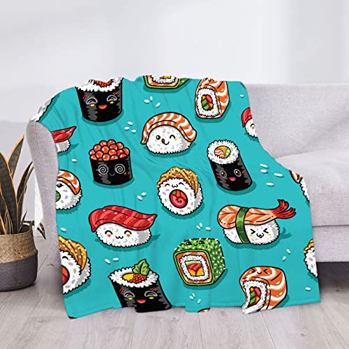 Qutown Sushi Pattern Cute Cartoon Japanese Food Blanket Throw Soft Lightweight Warm Cozy Flannel Fleece Women Adults and Kids Gifts for Couch Bed Sofa 50*40inch Small for Kid Leg pet