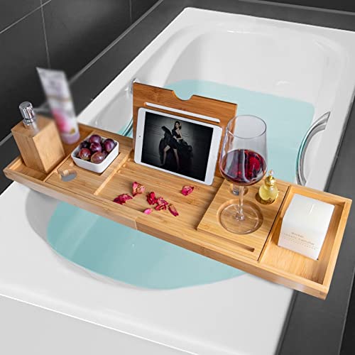 LIUYUNQI Extendable Bathtub Tray Wooden Bath Organizer Rack Bathroom Book Wine Tablet Holder Reading Shelf Bath Tray