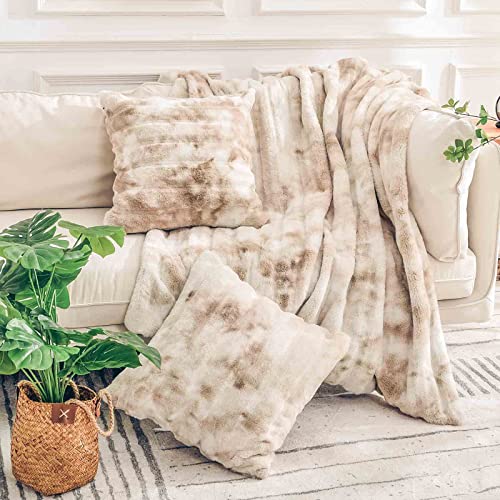 NEXHOME PRO Faux Fur Throw Blanket+2x18 x18 Pillow Cover Set, Luxury Soft Warm Fuzzy Cozy Fluffy Fleece Blankets for Women Checkboard 50"x60",Comfy Ruched Blanket for Sofa Couch Bed Décor Beige Cream