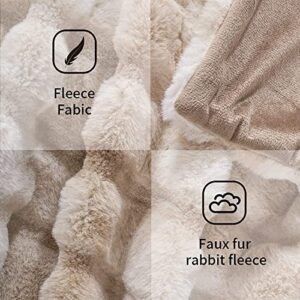 NEXHOME PRO Faux Fur Throw Blanket+2x18 x18 Pillow Cover Set, Luxury Soft Warm Fuzzy Cozy Fluffy Fleece Blankets for Women Checkboard 50"x60",Comfy Ruched Blanket for Sofa Couch Bed Décor Beige Cream