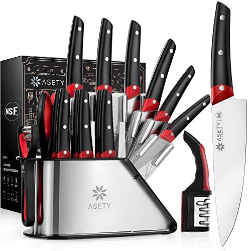 ASETY Kitchen Knife Set with Block- NSF Food-Safe 17 PCS Modern Knives Full Tang German Stainless Steel Chef Knife Set with 4-in-1 Knife Sharpener and 2x Peeler- Ergonomic Handle and Gift Box