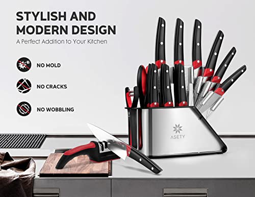 ASETY Kitchen Knife Set with Block- NSF Food-Safe 17 PCS Modern Knives Full Tang German Stainless Steel Chef Knife Set with 4-in-1 Knife Sharpener and 2x Peeler- Ergonomic Handle and Gift Box