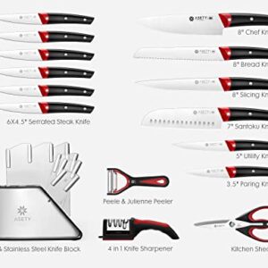 ASETY Kitchen Knife Set with Block- NSF Food-Safe 17 PCS Modern Knives Full Tang German Stainless Steel Chef Knife Set with 4-in-1 Knife Sharpener and 2x Peeler- Ergonomic Handle and Gift Box