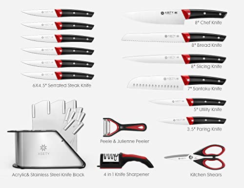 ASETY Kitchen Knife Set with Block- NSF Food-Safe 17 PCS Modern Knives Full Tang German Stainless Steel Chef Knife Set with 4-in-1 Knife Sharpener and 2x Peeler- Ergonomic Handle and Gift Box