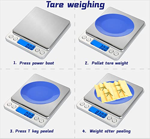 HNZYFUTA Digital Food Gram Scale Mini Pocket Scale for Food Ounces and Grams,Baking,Cooking,Kitchen and Small Items,Tare Function,2Trays,LCD Display (Batteries Included) Silvery