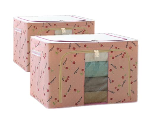 Storage Bins for Clothes - 2 PCS Collapsible Storage Bins LARGE 100L Foldable Closet Organizer Boxes 24"L x 17"W x 16"H Blanket Clothing Storage Bags with Zipper Window Large Capacity Storage Containers for Clothes 100L pink cherry