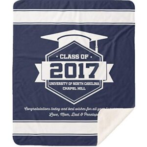 personalized cap graduation blanket, custom class year congratulations decorations gift for him her men women. phd doctoral college graduation gifts for cousin best friend (navy white, sherpa 50"x60")