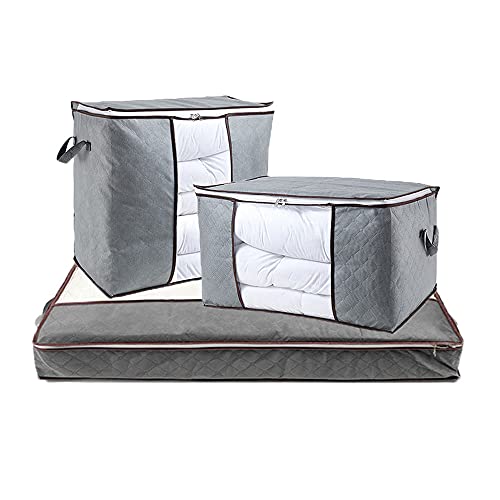 Large Storage Bags, 3 Pack Clothes Storage Bins Foldable Closet Organizers Storage Containers with Durable Handle Thick Fabric , 3 Size Of Under Bed Storage, Foldable With Sturdy Zipper, Clear Window, for Comforters, Blankets, Bedding, 90L (Gray)