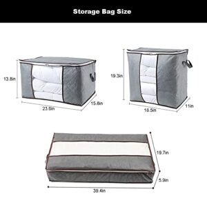 Large Storage Bags, 3 Pack Clothes Storage Bins Foldable Closet Organizers Storage Containers with Durable Handle Thick Fabric , 3 Size Of Under Bed Storage, Foldable With Sturdy Zipper, Clear Window, for Comforters, Blankets, Bedding, 90L (Gray)