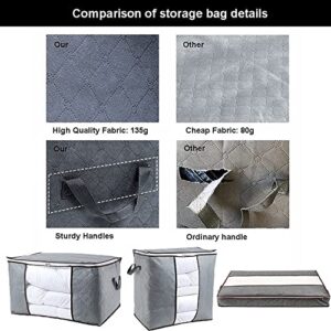 Large Storage Bags, 3 Pack Clothes Storage Bins Foldable Closet Organizers Storage Containers with Durable Handle Thick Fabric , 3 Size Of Under Bed Storage, Foldable With Sturdy Zipper, Clear Window, for Comforters, Blankets, Bedding, 90L (Gray)