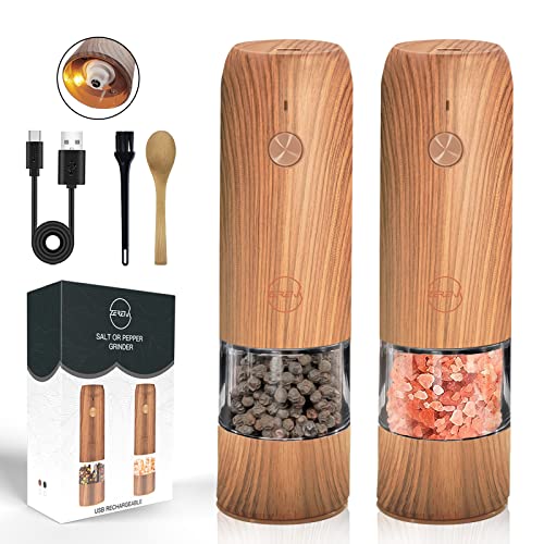 Electric Salt and Pepper Grinder Set USB Rechargeable - USB Type-C Cable, LED Lights, Automatic Electric Pepper Salt Grinder Mill Refillable, Adjustable Coarseness Shakers, One Hand Operation