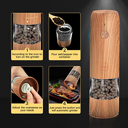 Electric Salt and Pepper Grinder Set USB Rechargeable - USB Type-C Cable, LED Lights, Automatic Electric Pepper Salt Grinder Mill Refillable, Adjustable Coarseness Shakers, One Hand Operation