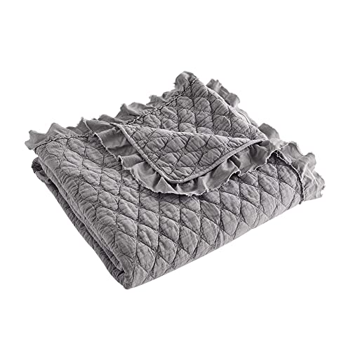 Levtex - Grey Stonewash - Quilted Throw - 50x60in. - Grey with Frayed Ruffle - Reversible Pattern - Cotton Fabric